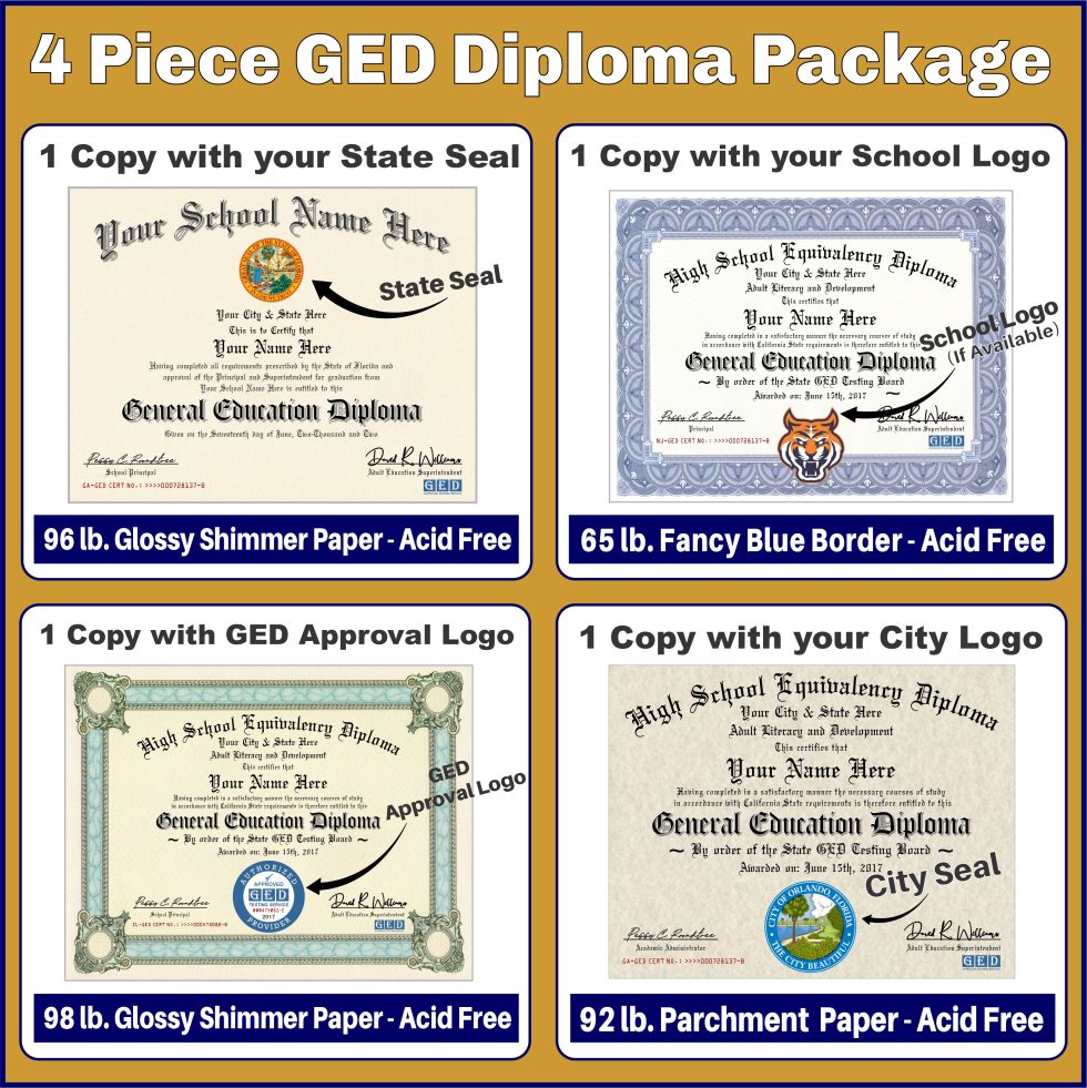 GED Diploma – 4 Piece Set – Custom printed with your info. Fake General ...